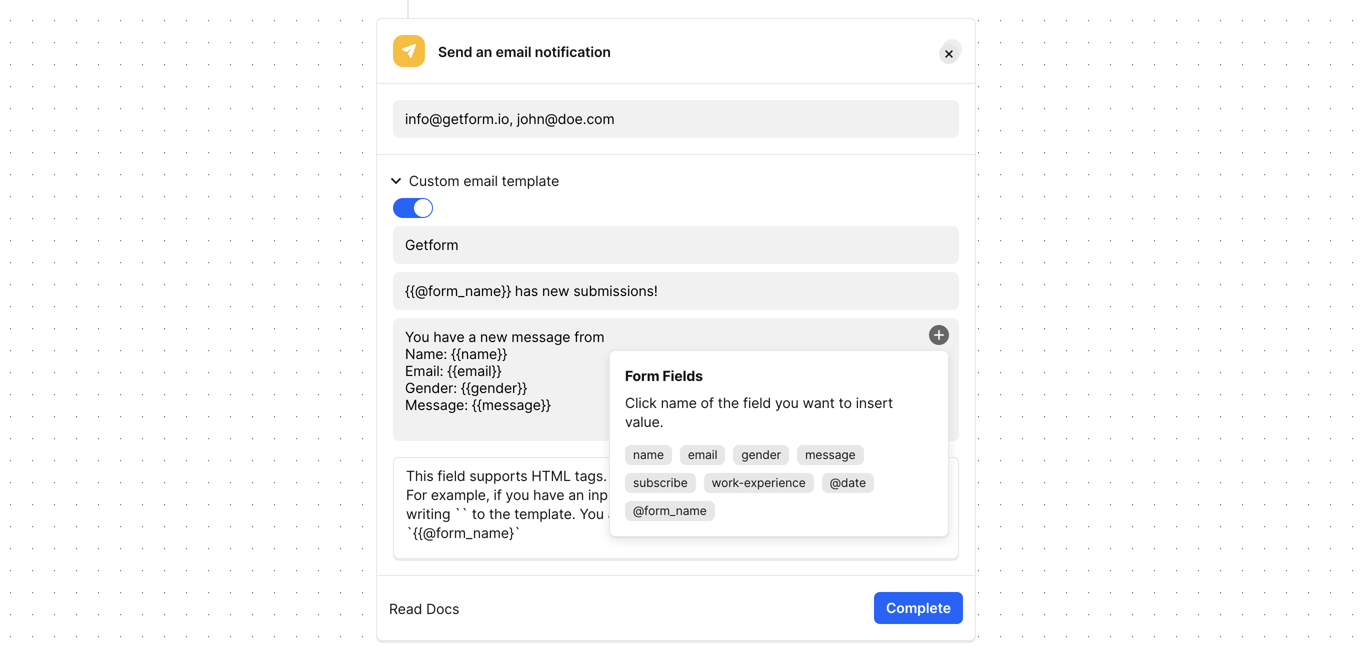 Custom Email Template Getform Documentation